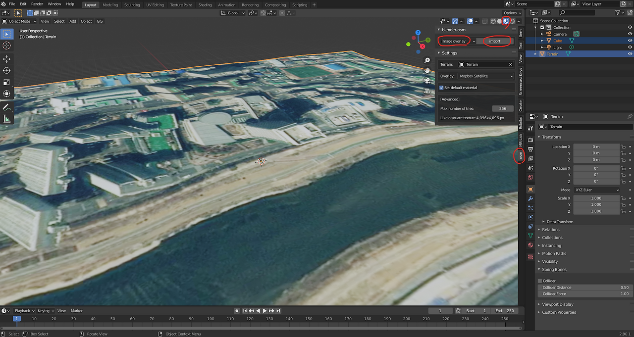 블렌더 강좌 2.90.1 - blender-osm 도시 생성 애드온