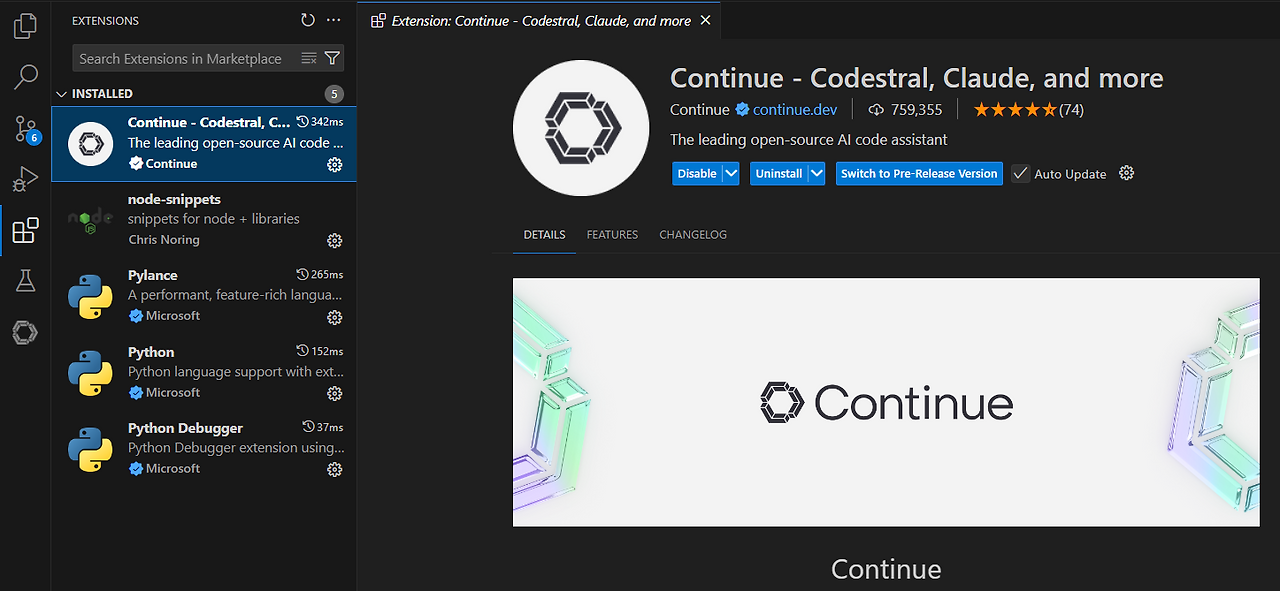 vscode continue 사용하기