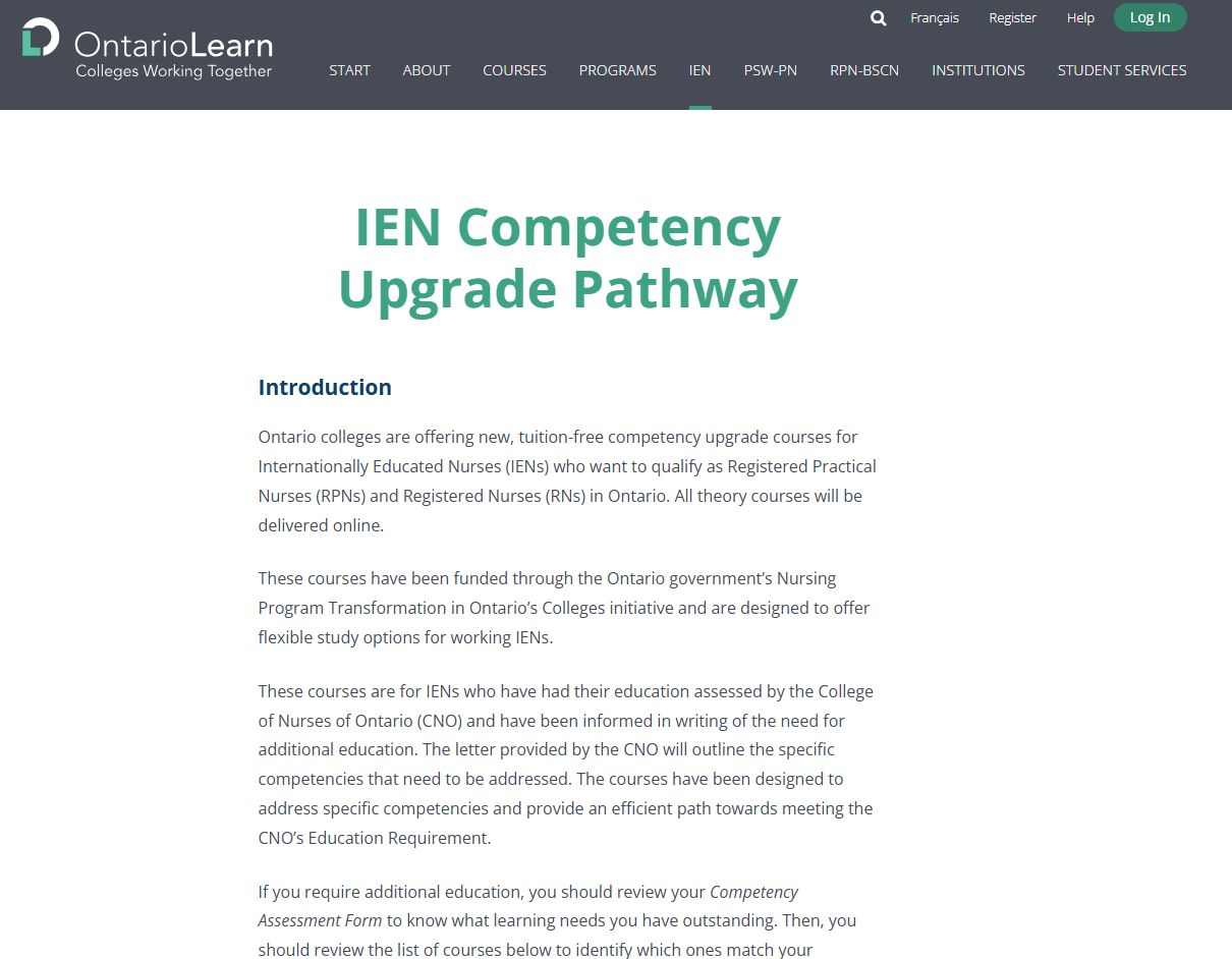 캐나다, 온타리오주, IEN Competency Upgrade pathway :: RN.NR