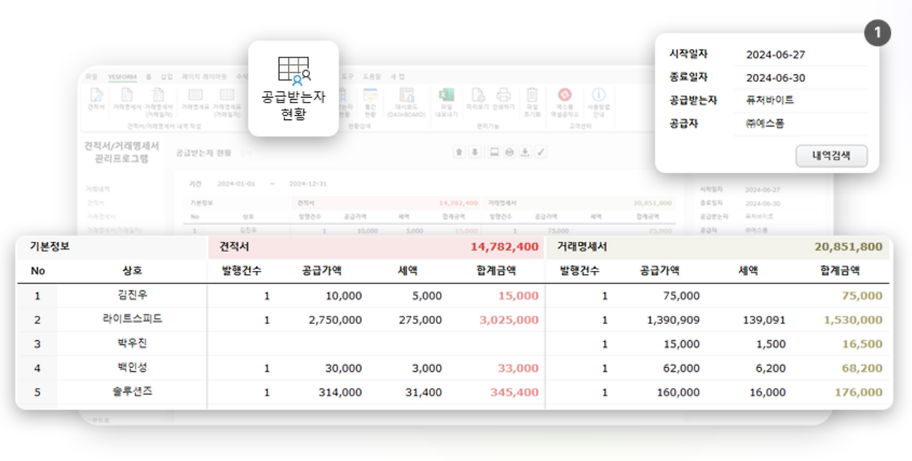 견적서 거래명세서 관리 엑셀 프로그램 견적서 양식 거래명세서 양식 자동 작성 · 자동 계산 · 현황 조회 · 일괄 등록 대시보드