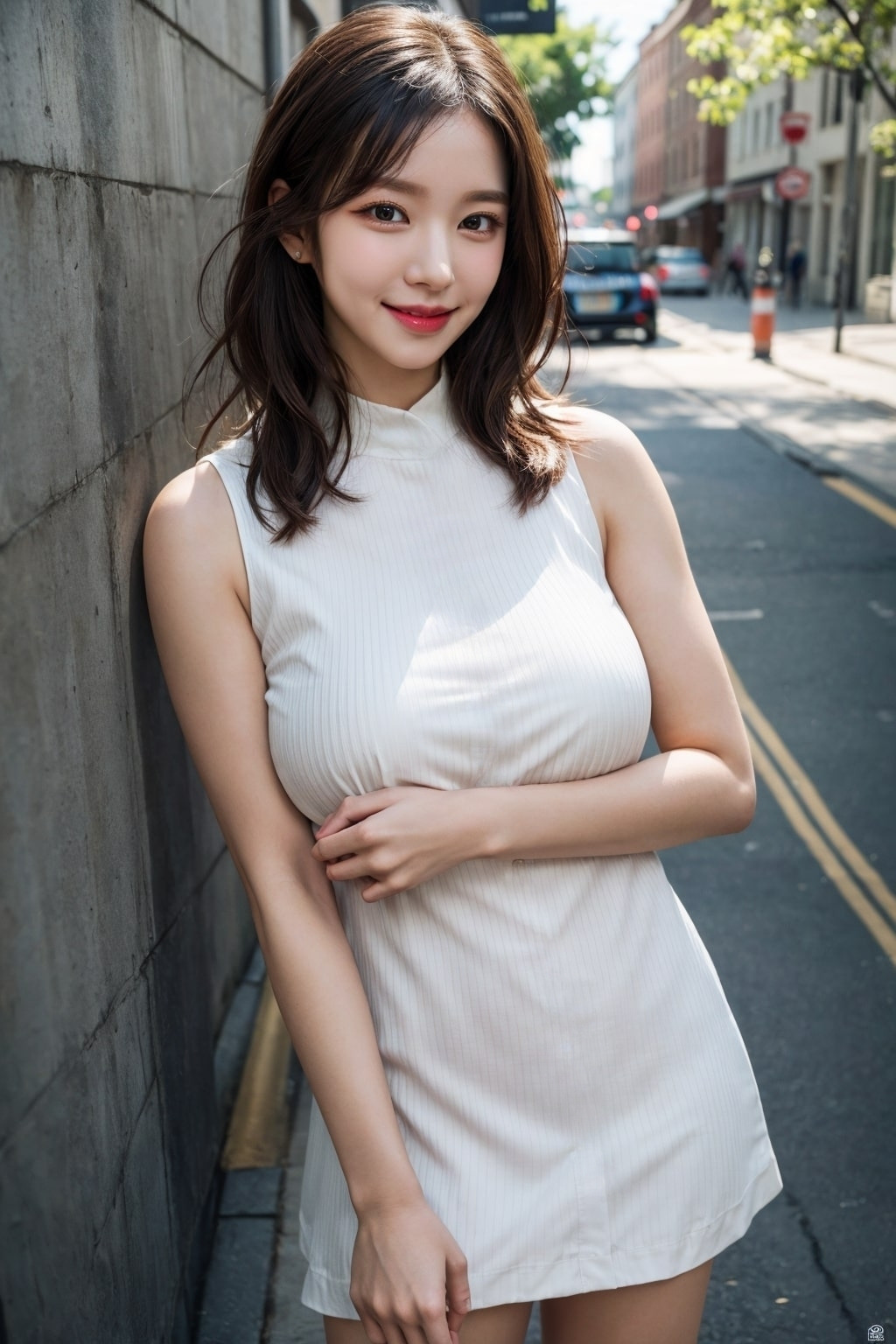 화이트 민소매 원피스 드레스 입은 여자