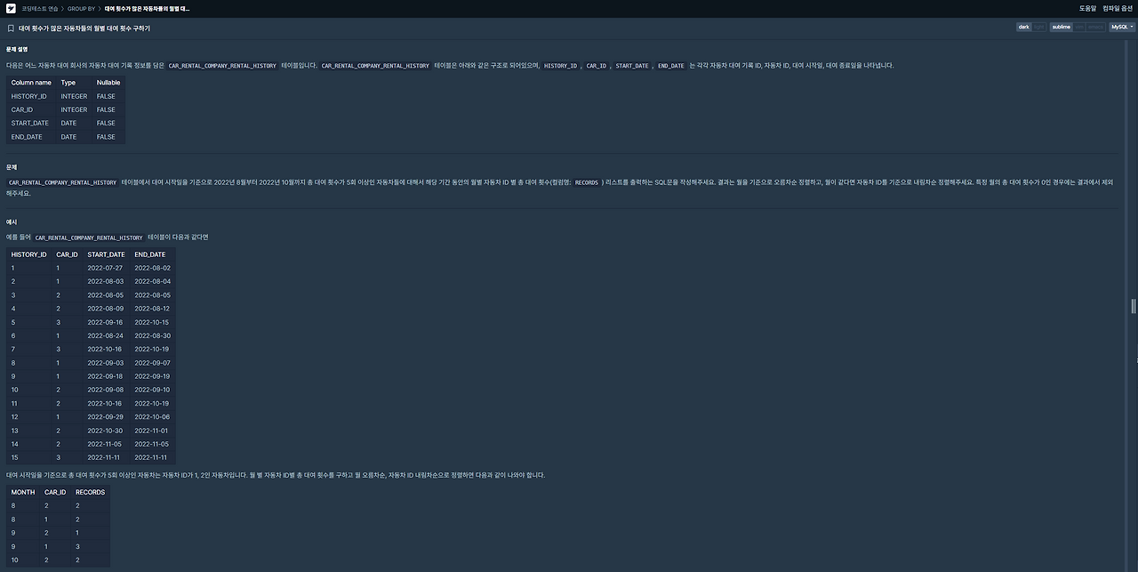 [SQL] (프로그래머스/MySQL/Level 3)_대여 횟수가 많은 자동차들의 월별 대여 횟수 구하기 :: minjgziii
