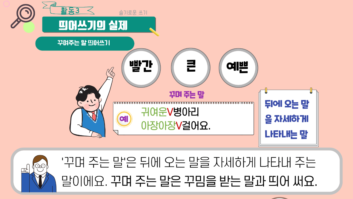 띄어쓰기 낱말 꾸며주는 말 단위 문장부호 직업 호칭를 나타내는 말 띄어쓰기