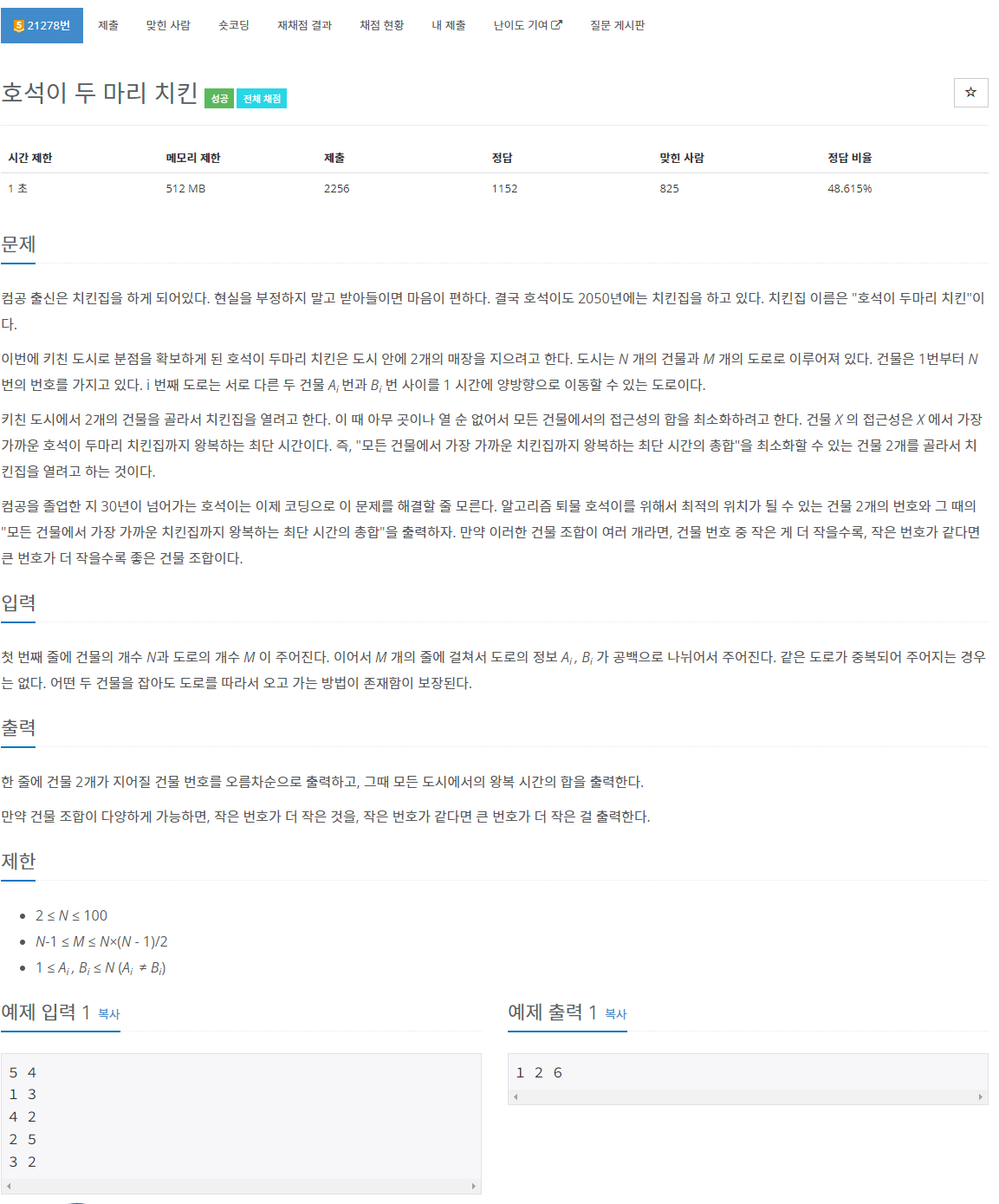 [자바] 백준 21278 - 호석이 두 마리 치킨 (java) - Nahwasa