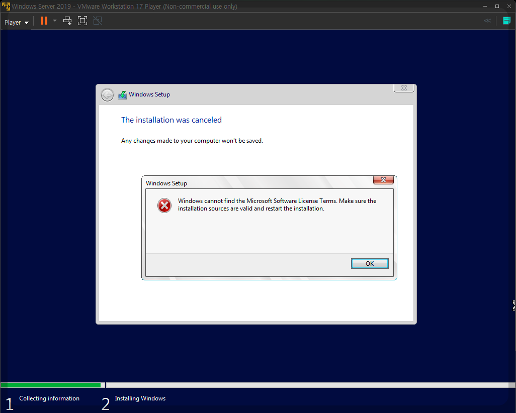 Windows Server 2019 설치 오류