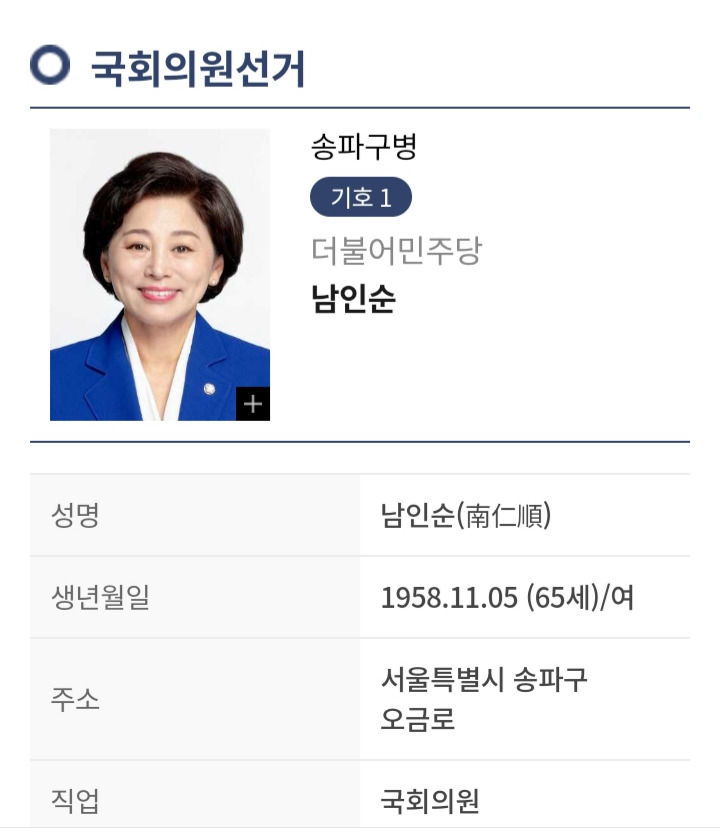 서울송파구병국회의원후보 남인순 프로필 재산