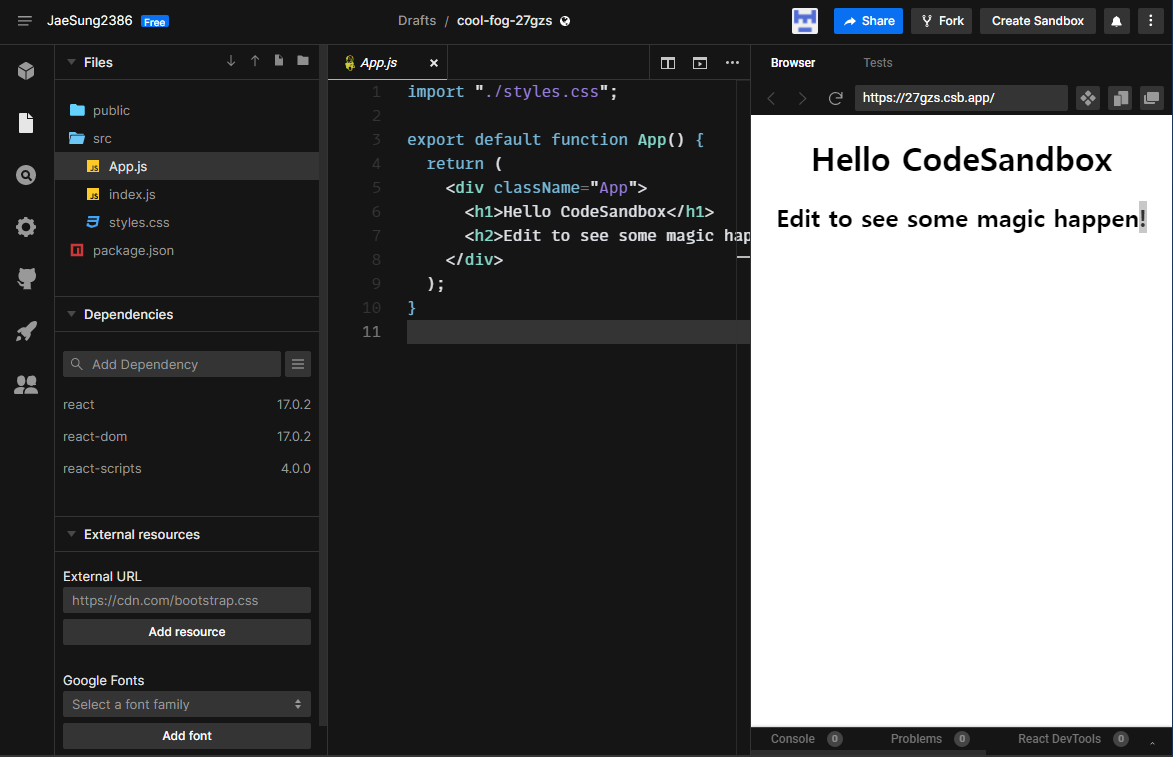 CodeSandBox 사용 방법