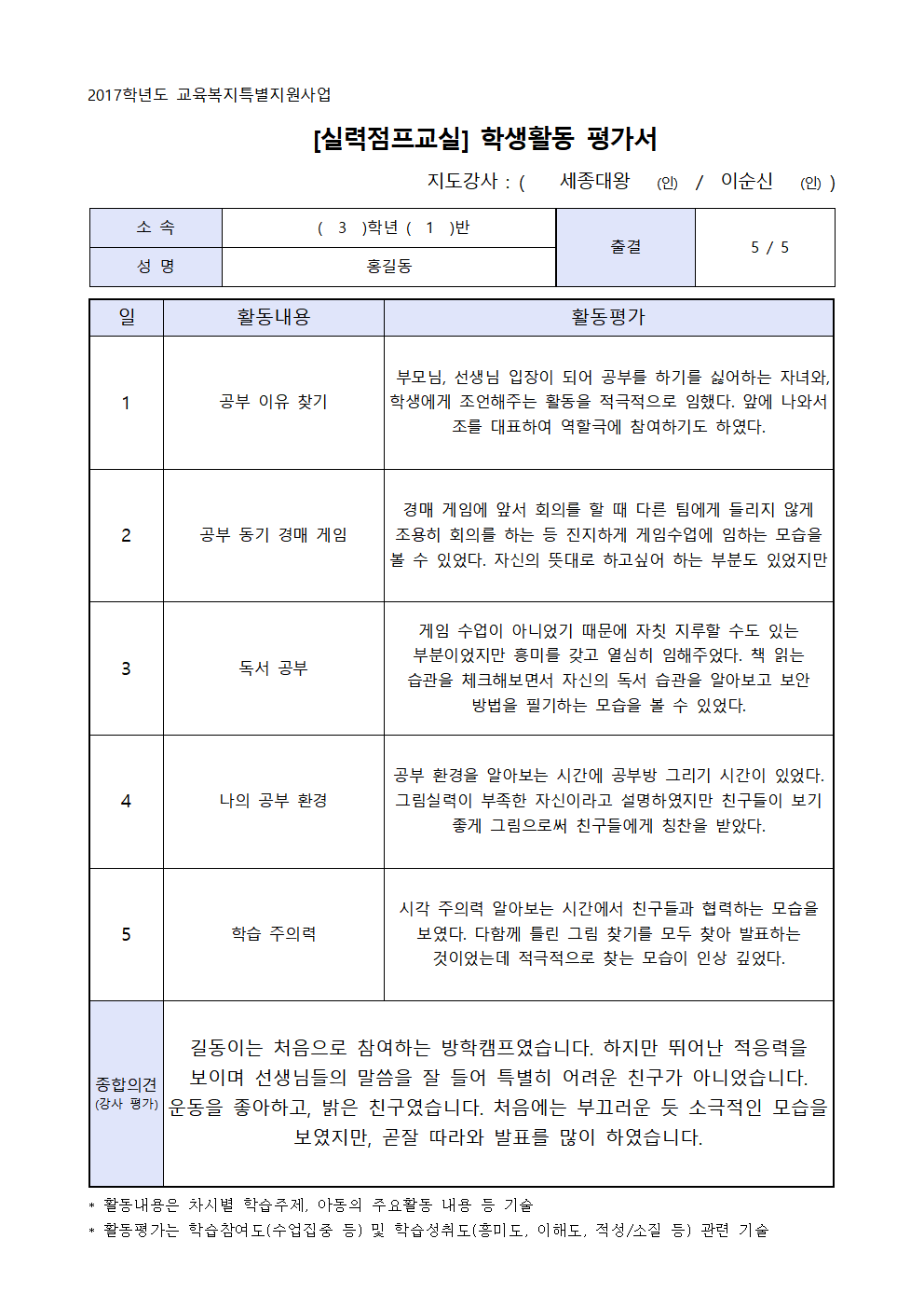 학생 활동 평가서 양식 및 샘플