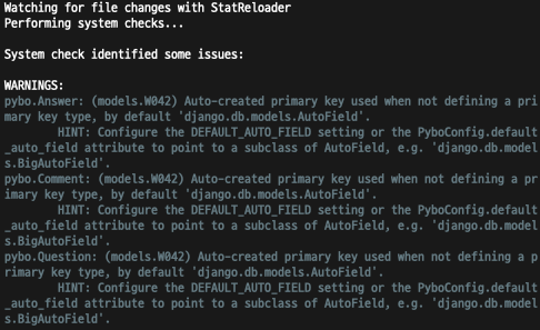 [django] Auto-created primary key used when not defining a primary key type, by default 'django ...