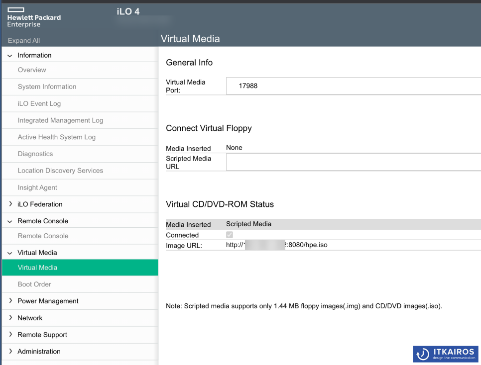 hp ilo Virtual CD/DVD-ROM / Scripted Media 기능 사용 시 url은 http만 지원되었습니다.
