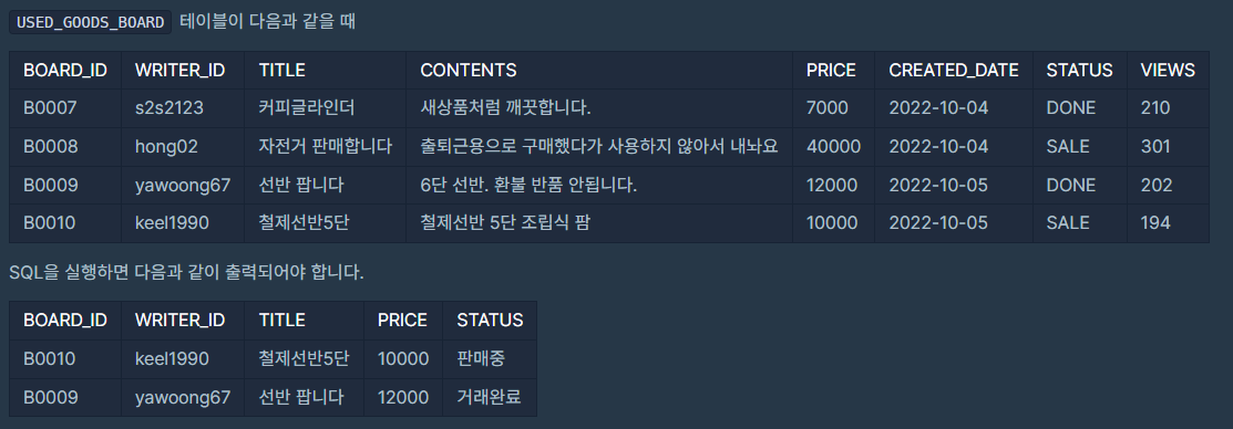 Oracle 조건에 부합하는 중고거래 상태 조회하기 프로그래머스