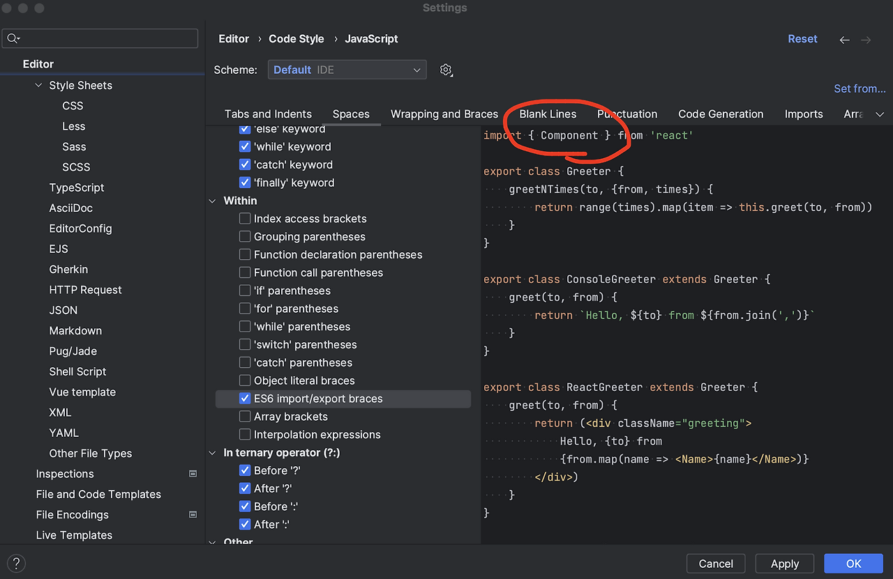 WebStorm - JavaScript import brace에 공백 넣기 설정 방법