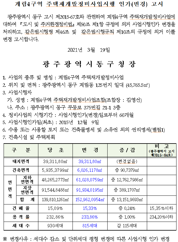 계림4구역 재개발 사업시행인가 변경 고시21319