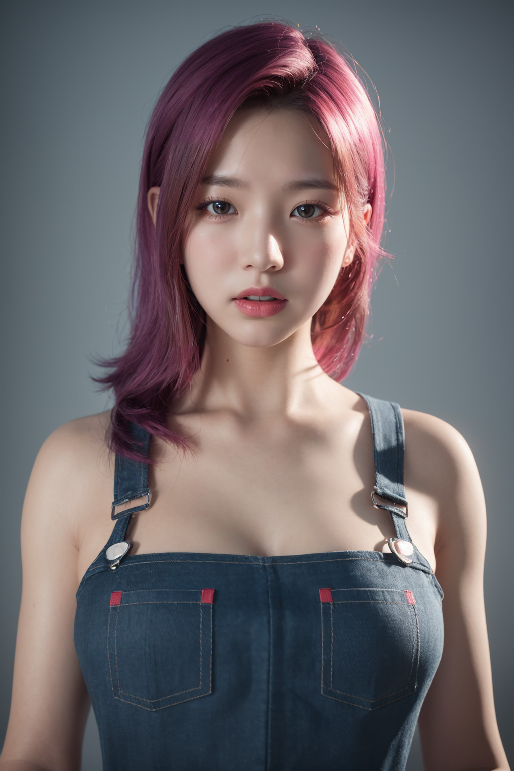 Ai 컬러풀한 헤어에 멜빵바지 입은 여자 이미지 생성하기 1