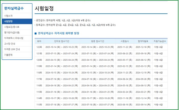 2025년 한자능력검정시험 일정 총정리대한검정회 한국한자실력평가원 한국어문회