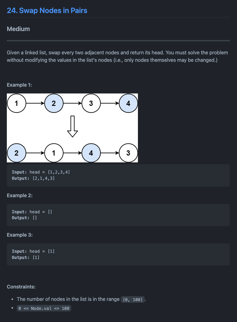 [algorithm] leetcode 24 - Swap Nodes in Pairs (파이썬)