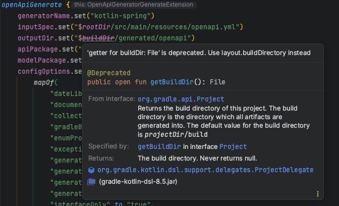 [Kotlin][Gradle] 'getter for buildDir: File' is deprecated.