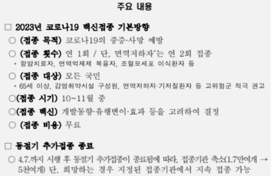 올해 코로나19 예방접종 연 1회 4분기에 실시 전 국민 무료로 접종”