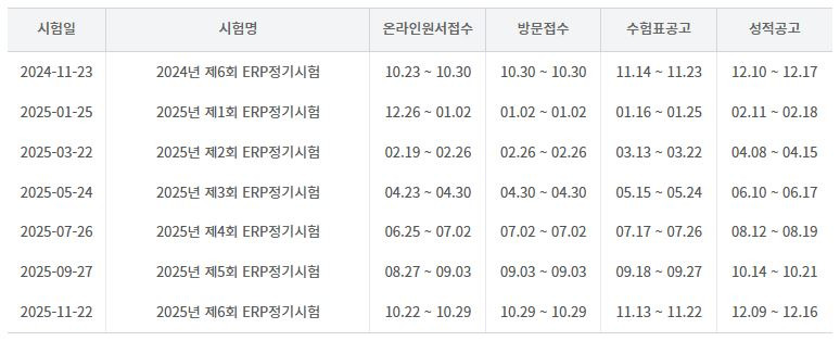 Erp 정보관리사 시험은 연 6회 정기적으로 시행 됩니다 시험 일정은 아래와 같습니다