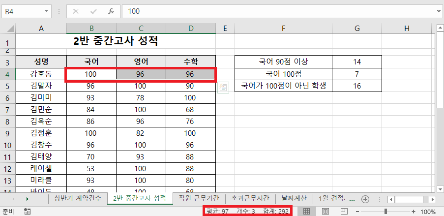 엑셀 상태 표시줄 활용하는 방법