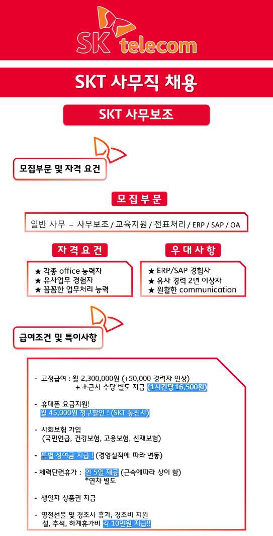 [휴스존㈜] SKT 본사 - 사무직 채용 연 3200+a (일반사무, ERP, SAP) - 사람인