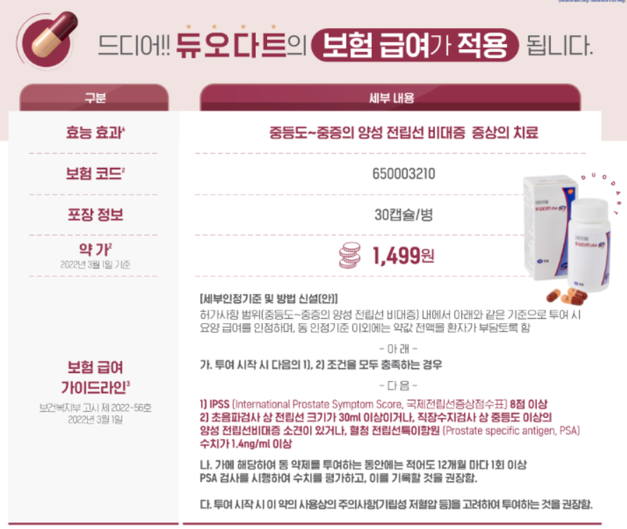 듀오다트 Duodart 두타스테리드 탐스로신 보험급여
