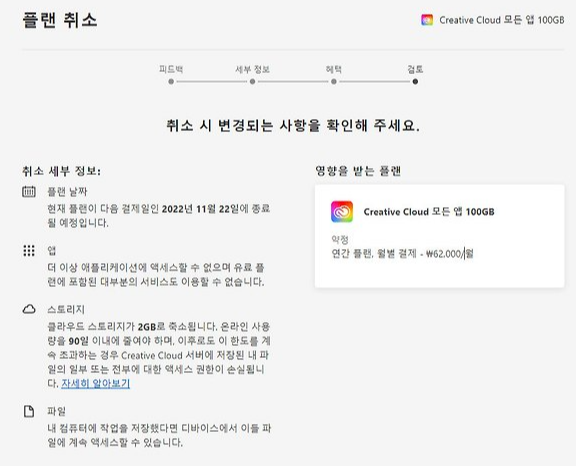 어도비 무료체험 종료 후 결제 취소 방법 결제 취소 수수료 위약금