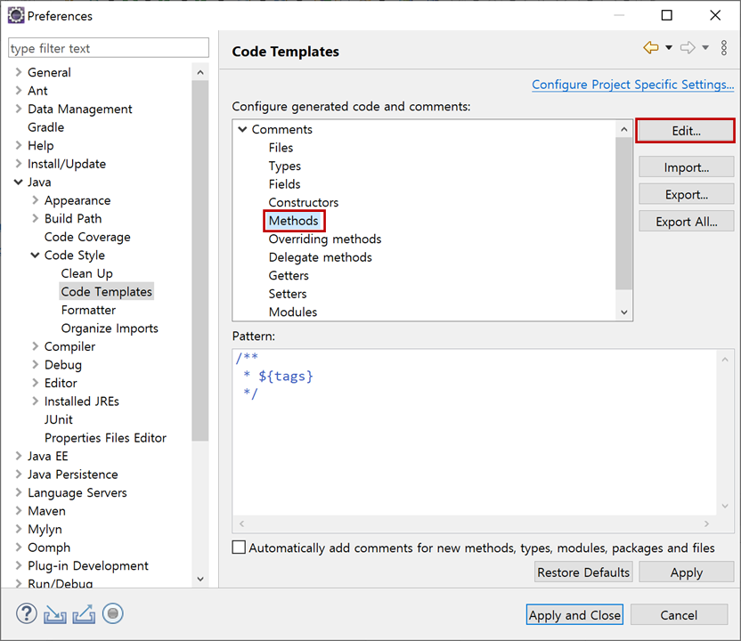 이클립스 주석(코드 템플릿) 설정 및 태스크 태그 설정 - Eclipse Code Templates, Task Tag Setting