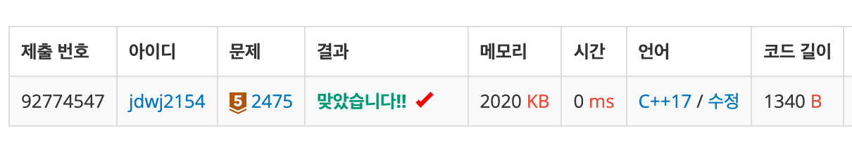 [BaekJoon] 2475문제: 검증수 Cpp