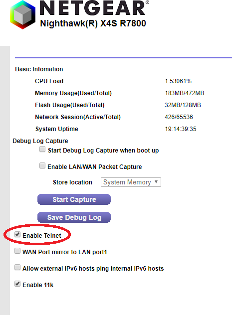 Netgear 공유기 Telnet 활성화 하기(R7800)
