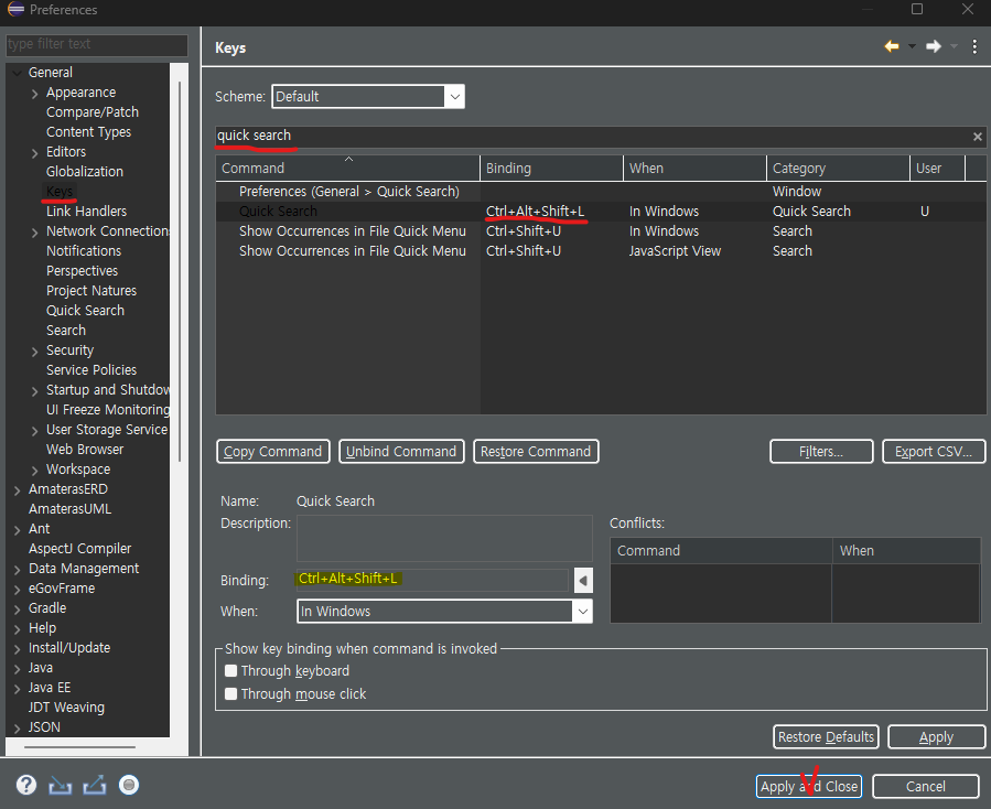 이클립스 Quick Search 설정(Ctrl + Shift + L) :: 히앤님의 개발 세상