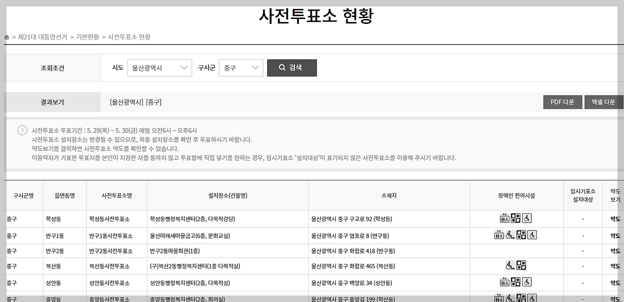 울산광역시 중구 제21대 대통령선거 사전투표장소 및 본투표소 확인방법