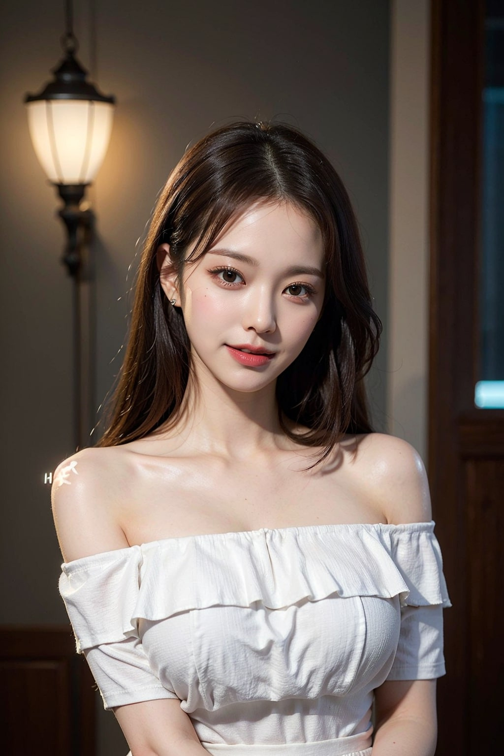 프릴 화이트 오프숄더 드레스 입은 여친컨셉 Ai로 그리기 만들기