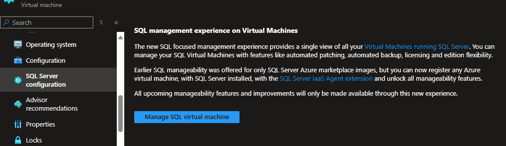 Virtual machine – SQL Server Configuration VS Manage SQL virtual machine