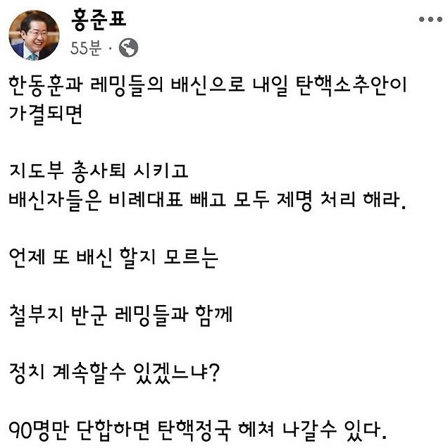 홍준표 윤석열 탄핵 가결 배신자 제명 한덕수 홍준표 프로필 나이 학력 고향 근황