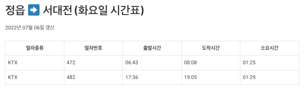 정읍역 Ktx 열차 Srt 기차 시간표