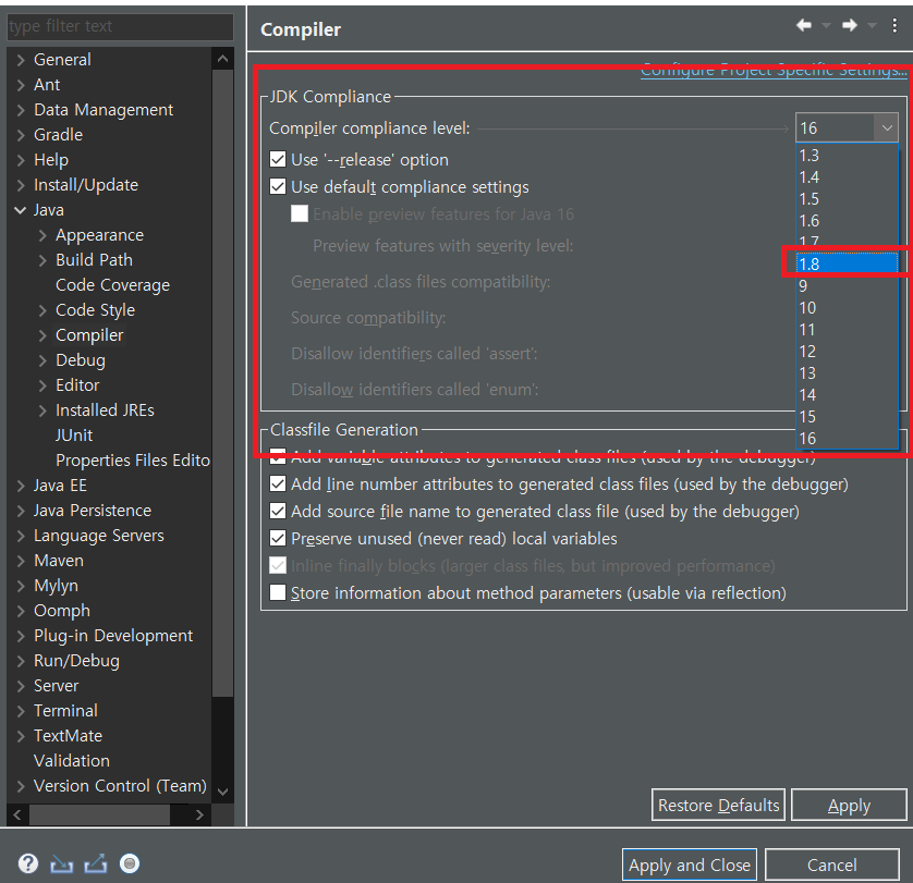 이클립스(eclipse) 다크모드 & 이클립스 설정 자바(JAVA8) 컴파일러(JDK1.8) 버전 설정