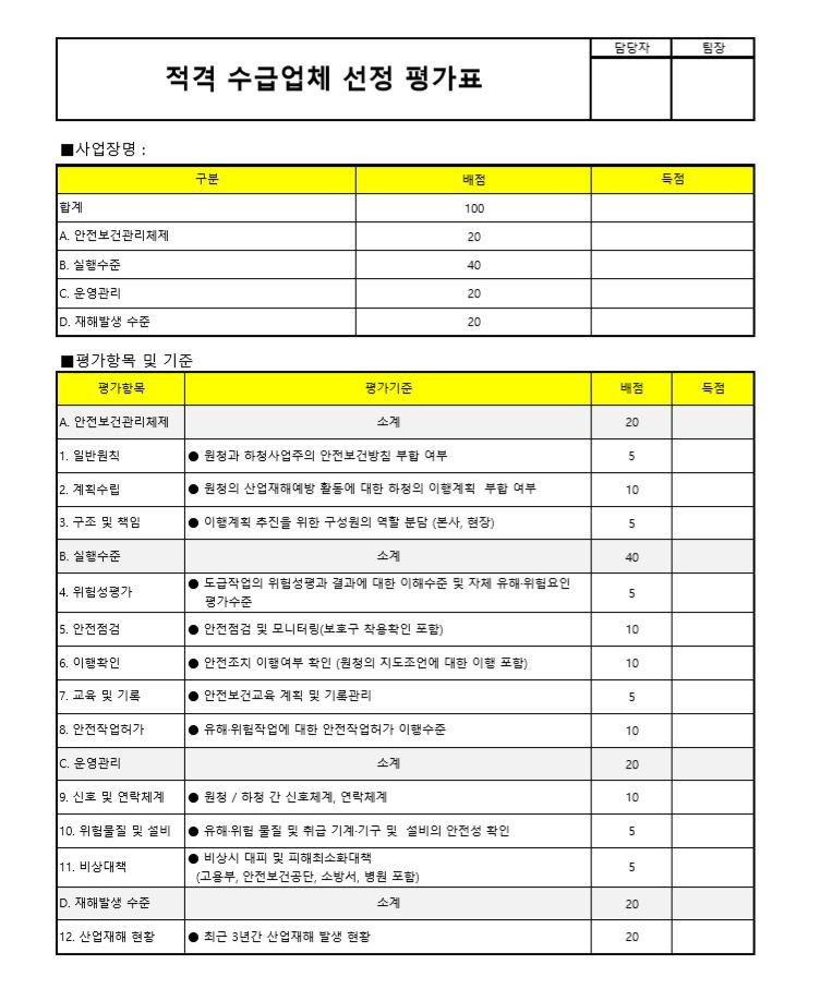 산업안전보건법 제61조 적격 수급인 선정 의무 도급업체 안전수준평가 양식 다운로드