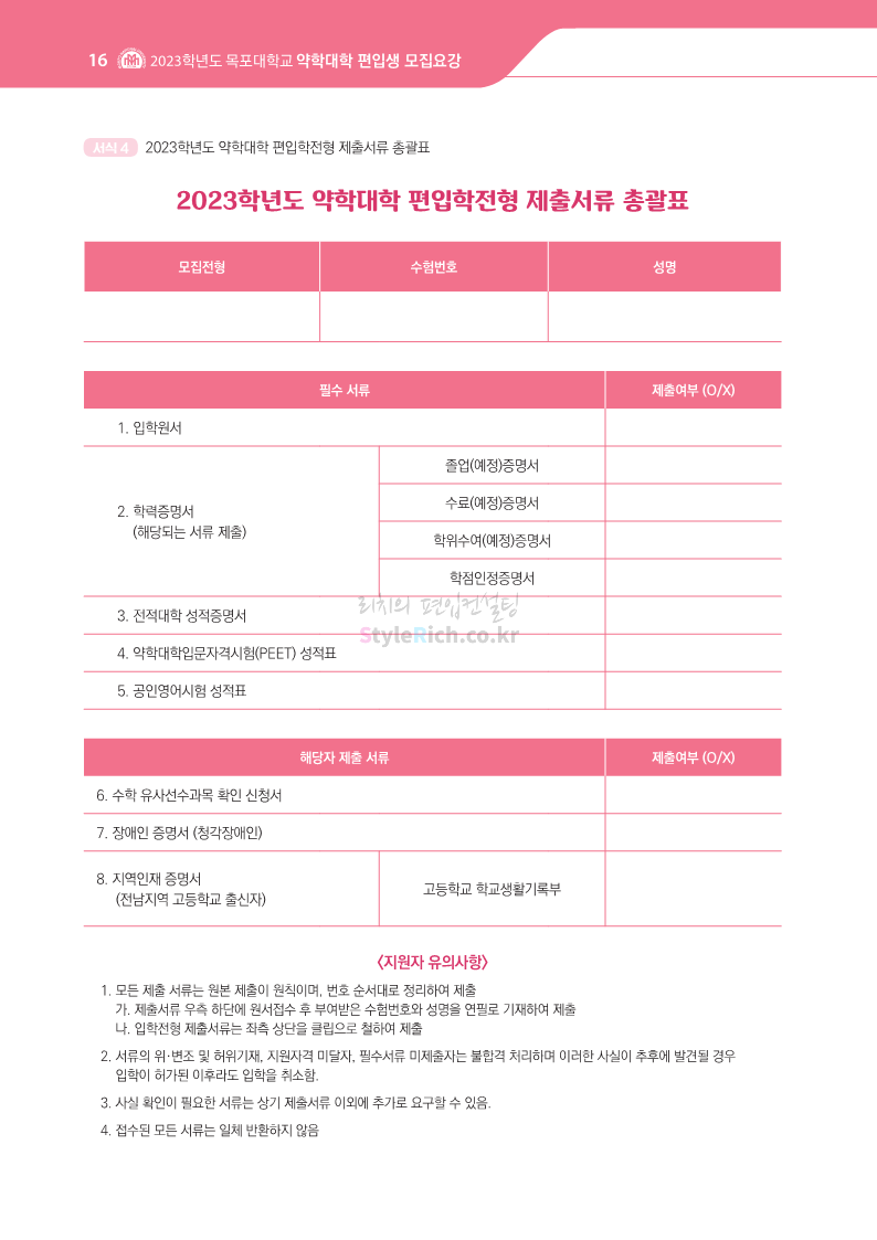 목포대 약대편입 2023학년도 모집요강 간편하게 보자