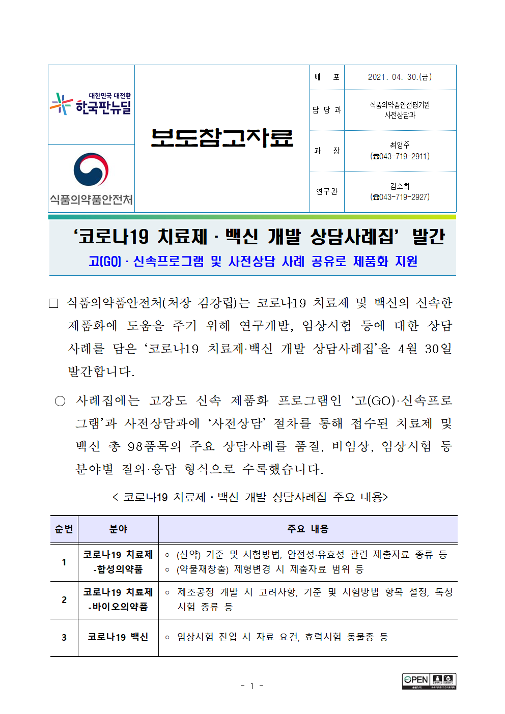 코로나19 치료제백신 개발 상담사례집 발간 고go·신속프로그램 및 사전상담 사례 공유로 제품화 지원