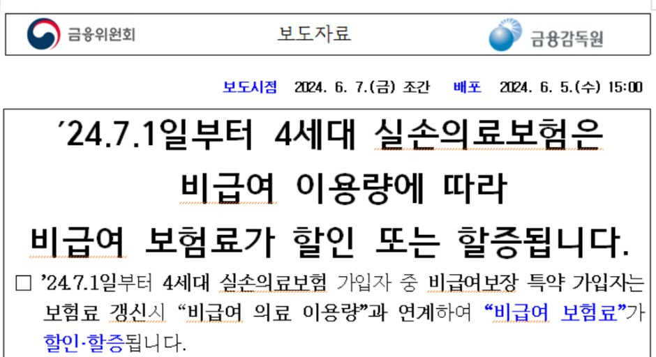2024년 7월 실손보험료 비급여 할증 4세대 1년간 보험금 미수령 시 할인