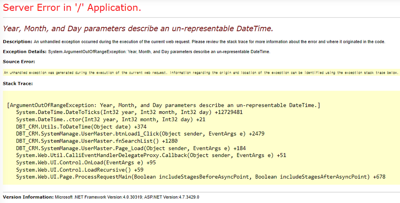 [ASP] Exception Year, Month, and Day parameters describe an un-representable DateTime — 큐레이트의 기록