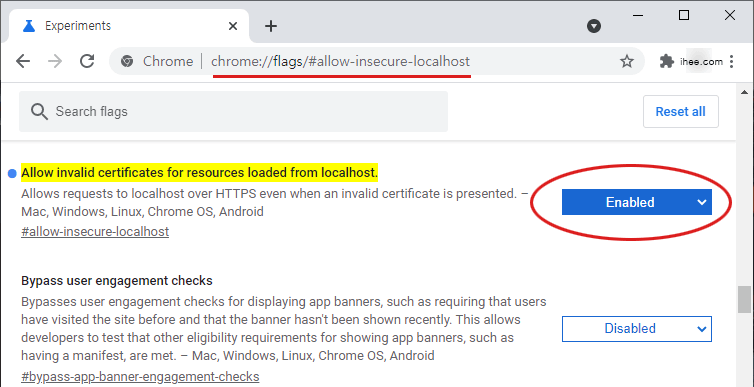 크롬 localhost ssl 보안경고 끄는 방법