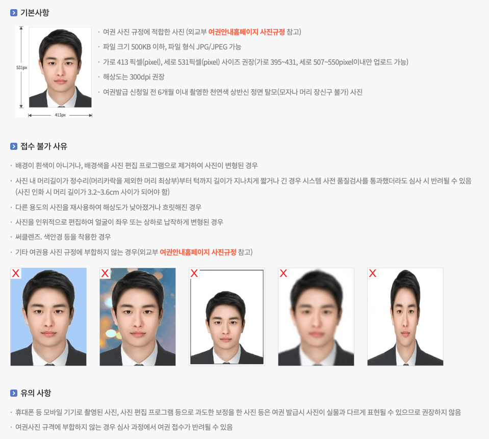 여권용 사진 규정 및 주의사항온라인용 규격 포함