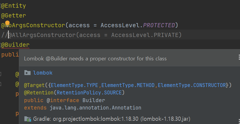 [JPA] JPA Entity 클래스에서의 @builder 위치 : Constructor vs Class