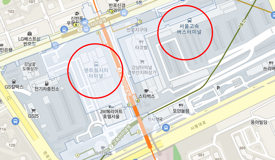 서울의 버스터미널 4곳 강변동서울터미널 남부터미널 고속터미널 상봉터미널
