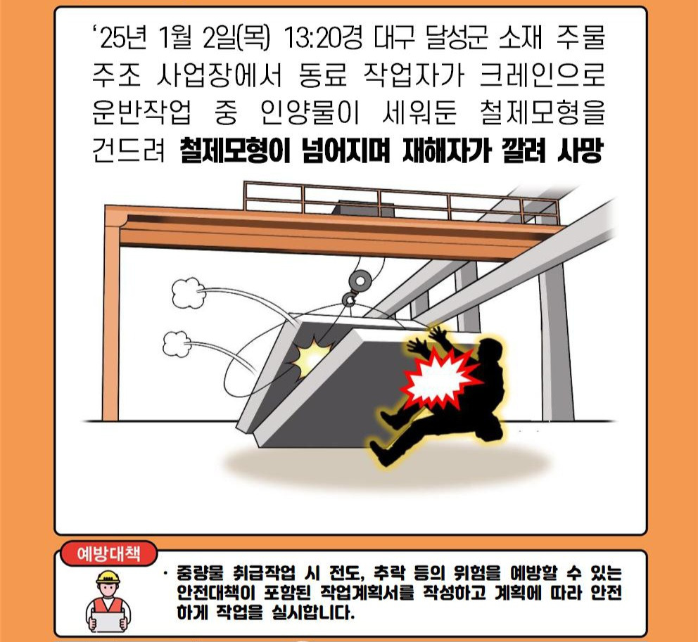 사고사례 250102 대구 달성군 주물 주조사업장 천장주행크레인 양중 중 넘어진 자재에 깔려 사망 건설장비 사고사례 및 법규