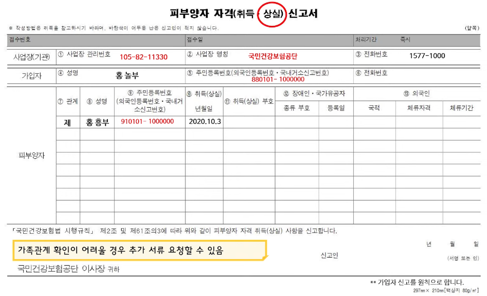 한글 양식 피부양자 자격취득 상실 신고서 국민건강보험공단