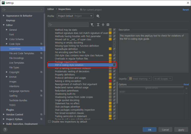 [Pycharm] code inspection disable 방법 (PEP 8 disable) — bluedrugs