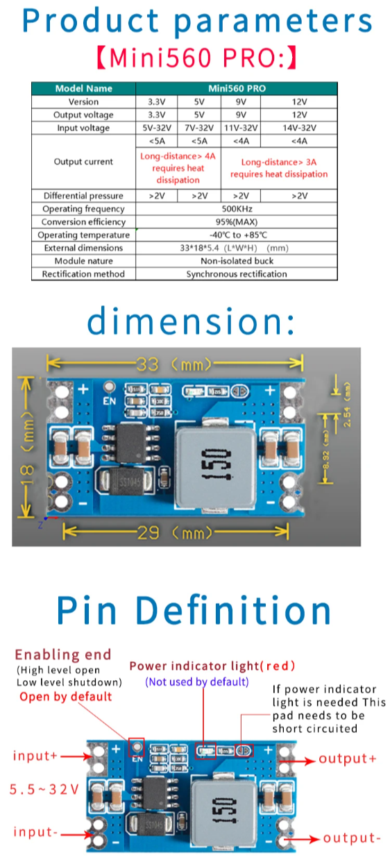 🛒스텝 다운 모듈, Mini560 PRO, 6-30V to 3.3V, 5V5A, 9V, 12V 4A